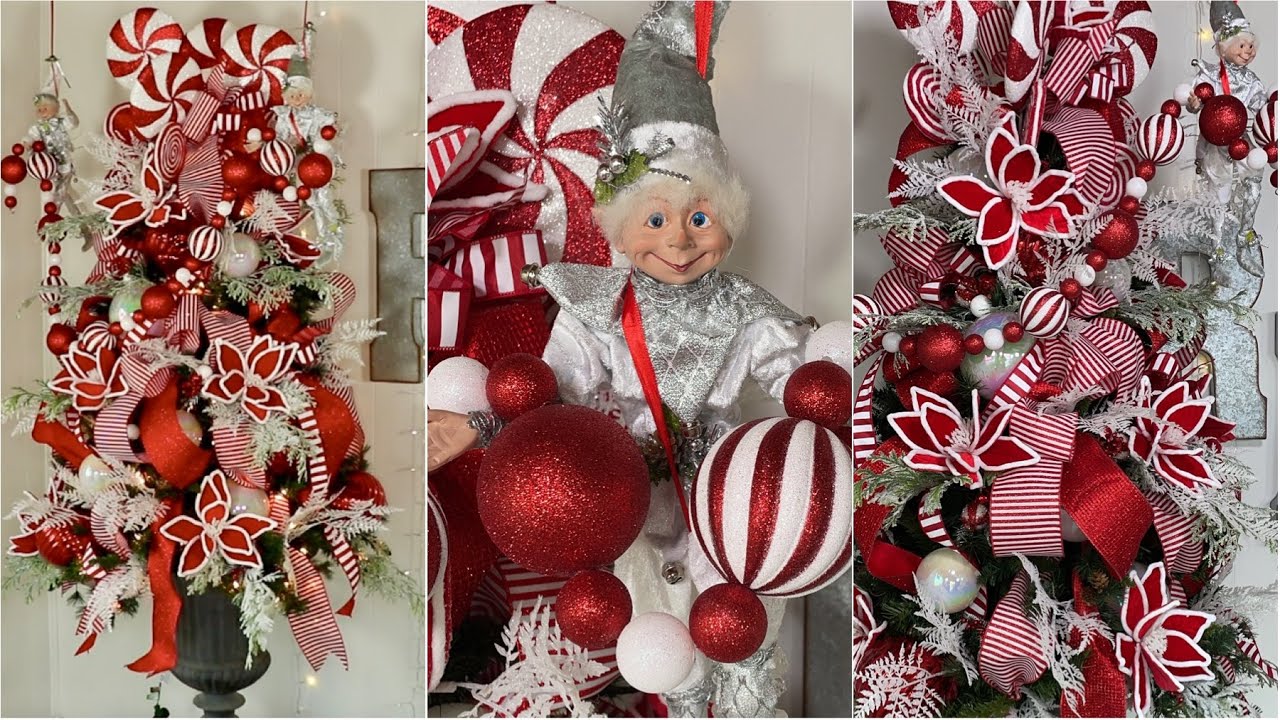 Navidad 2022 Arbol De Navidad En Tonos Rojos Y Blancos Arbol De Navidad Con Dulces Y Duendes